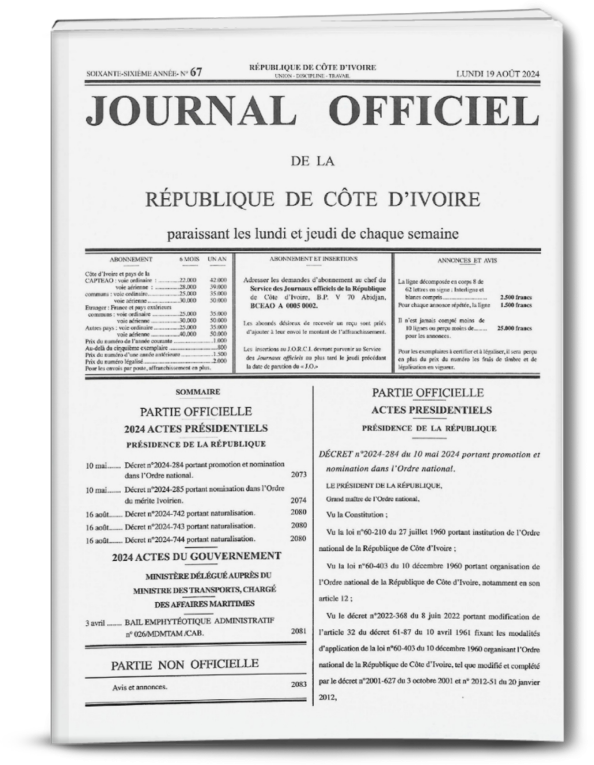 Journal Officiel N°67 du lundi 19 aout 2024 - PROFESSION JURISTE