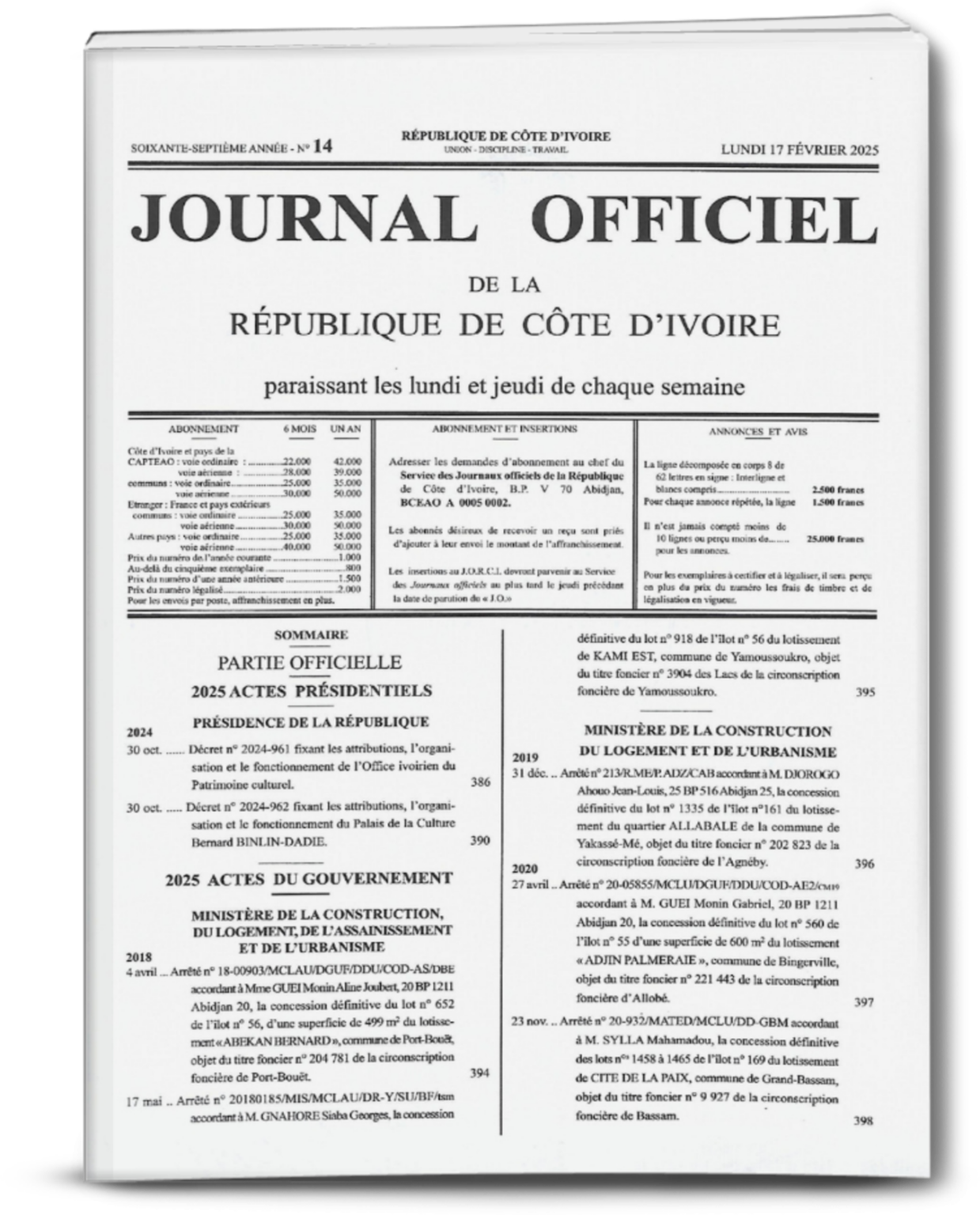 Journal Officiel N°14 du lundi 17 Février 2025 - PROFESSION JURISTE