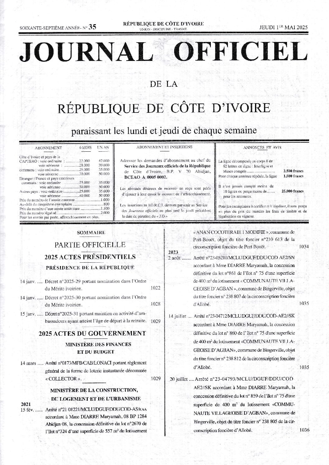 Journal Officiel N°35 du Jeudi 01 Mai 2025 - PROFESSION JURISTE