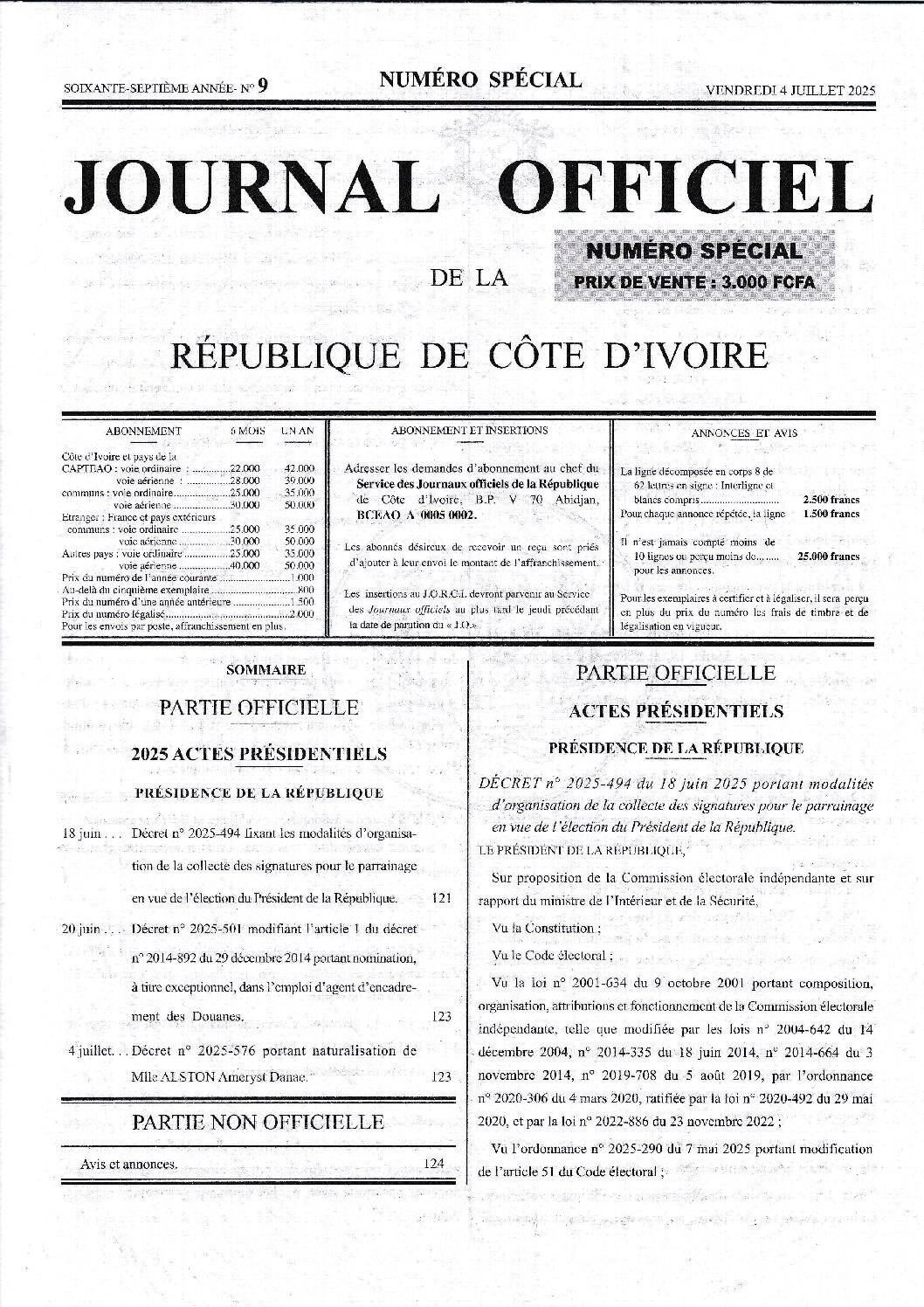 Journal Officiel N°9 spécial du Vendredi 04 Juillet 2025 - PROFESSION ...
