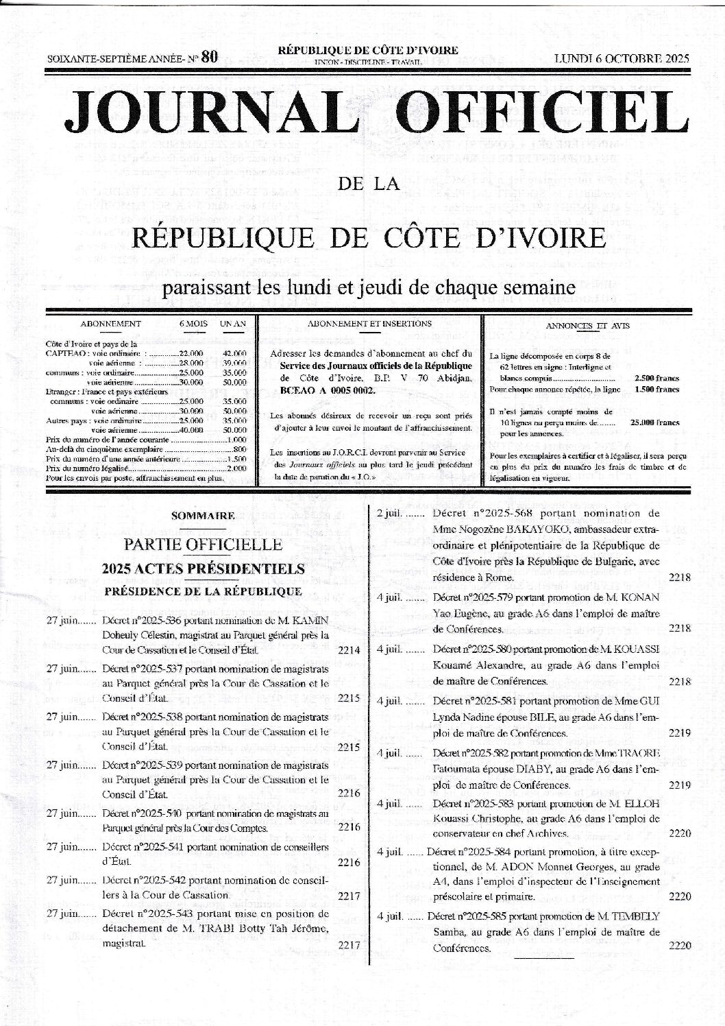 Journal Officiel N°80 du Lundi 06 Octobre 2025 - PROFESSION JURISTE