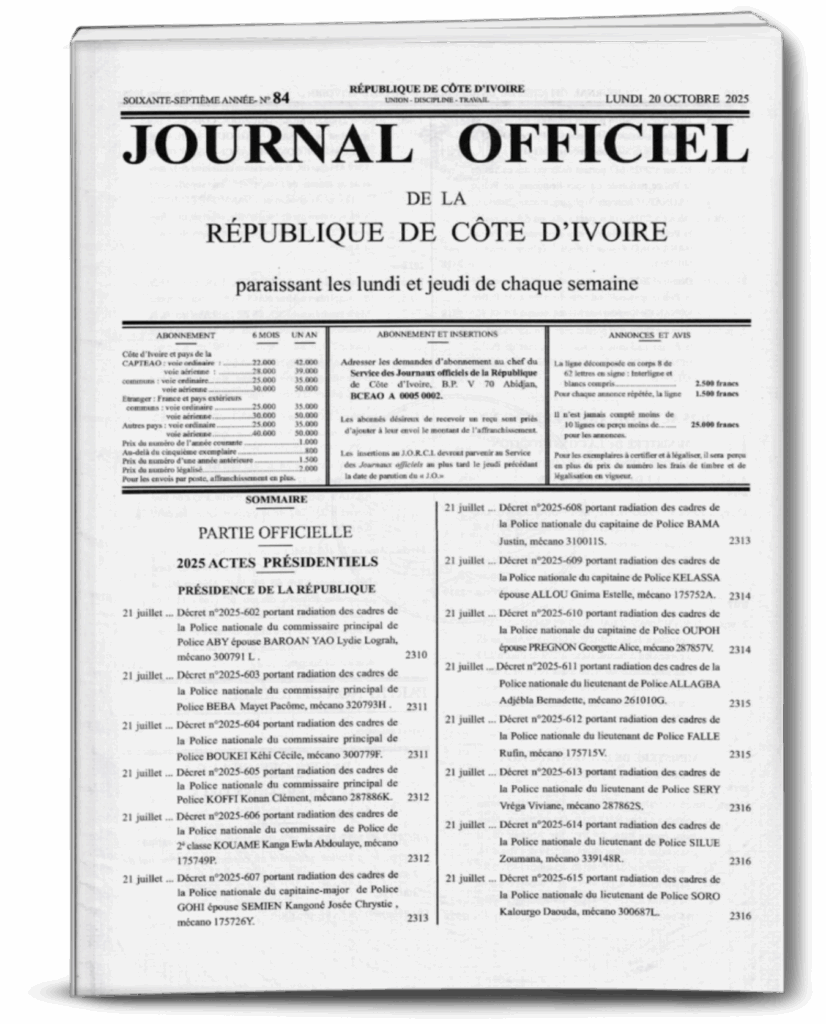 Journal Officiel N°84 du Lundi 20 Octobre 2025 - PROFESSION JURISTE